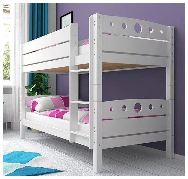 Двухъярусная кровать деревянная Оливия 80х190 белая с ящиками на колесах