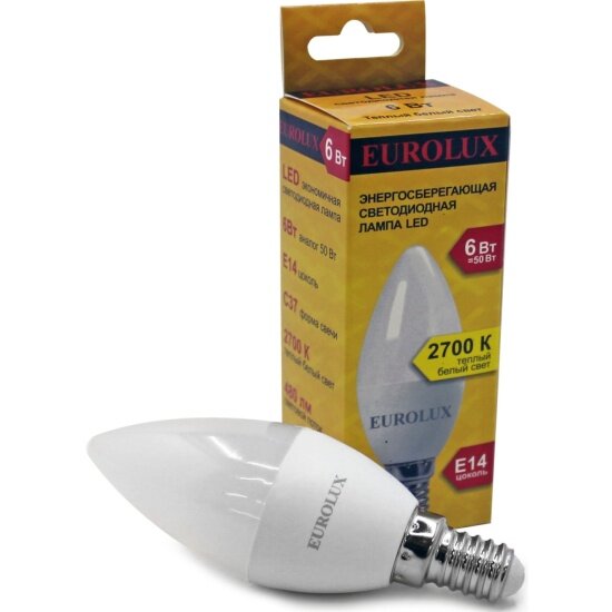 Светодиодная лампа Eurolux LL-E-C37-6W-230-2,7K-E14 (свеча, 6Вт, тепл, Е14), 76/2/2