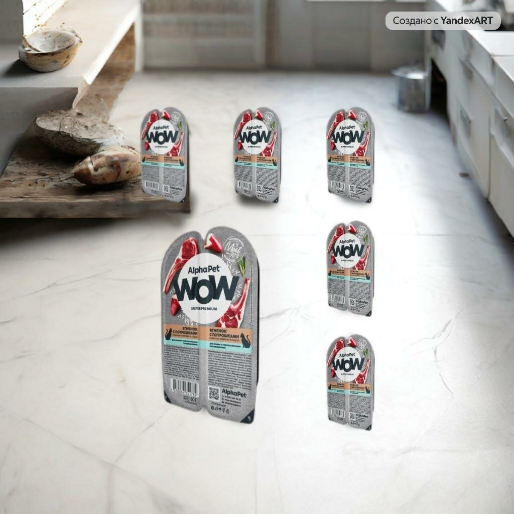 Влажный корм для кошек Alpha Pet Wow Superpremium, с чувствительным пищеварением, ягненок с потрошками, 80 гр, 6 шт