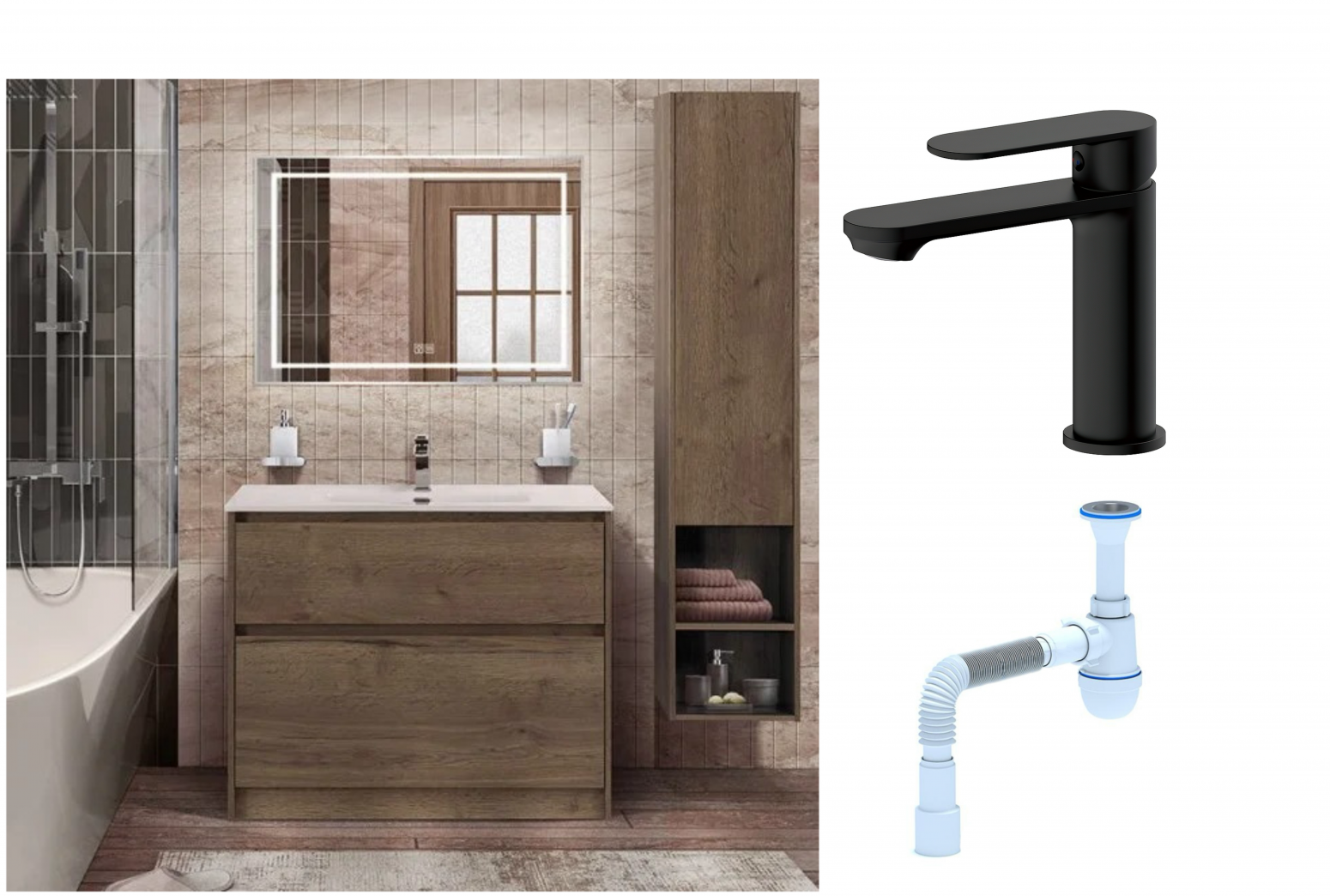 Комплект: Мебель для ванной BelBagno Kraft 100 + Смеситель для раковины Haiba HB10590-7, черный + Сифон АниПласт 533340 + SNPHB10590-7 + C2015xrv