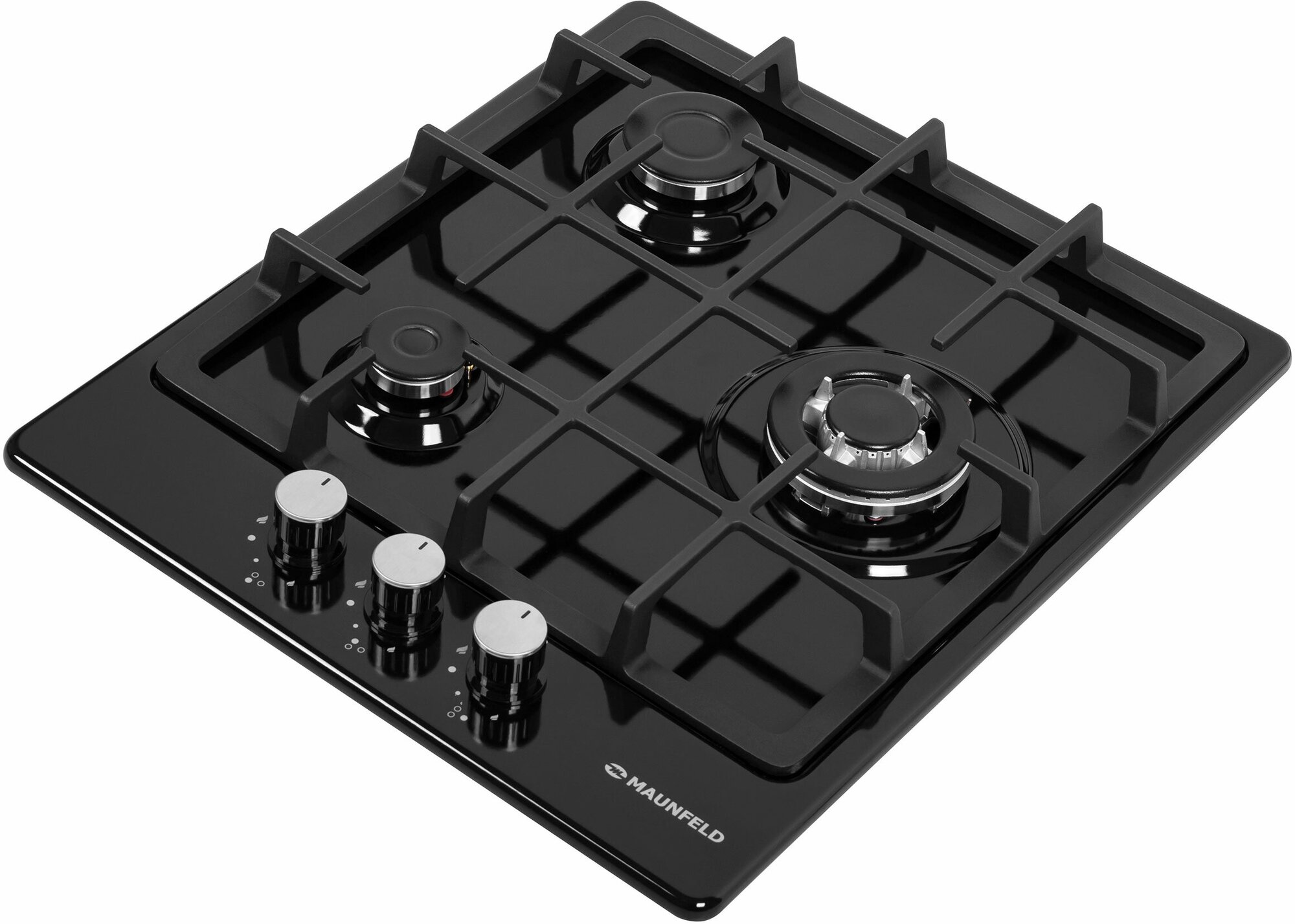 Газовая варочная панель MAUNFELD EGHE.43.33CB/G, 3 конфорки, эмалированная сталь, WOK-конфорка, ггаз-контроль, черный