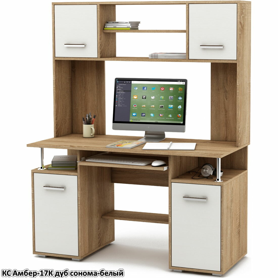 Компьютерный стол Амбер-17К Дуб-сонома/Белый, ЛДСП, МФ Владимир VMF, 130х165х60 см.