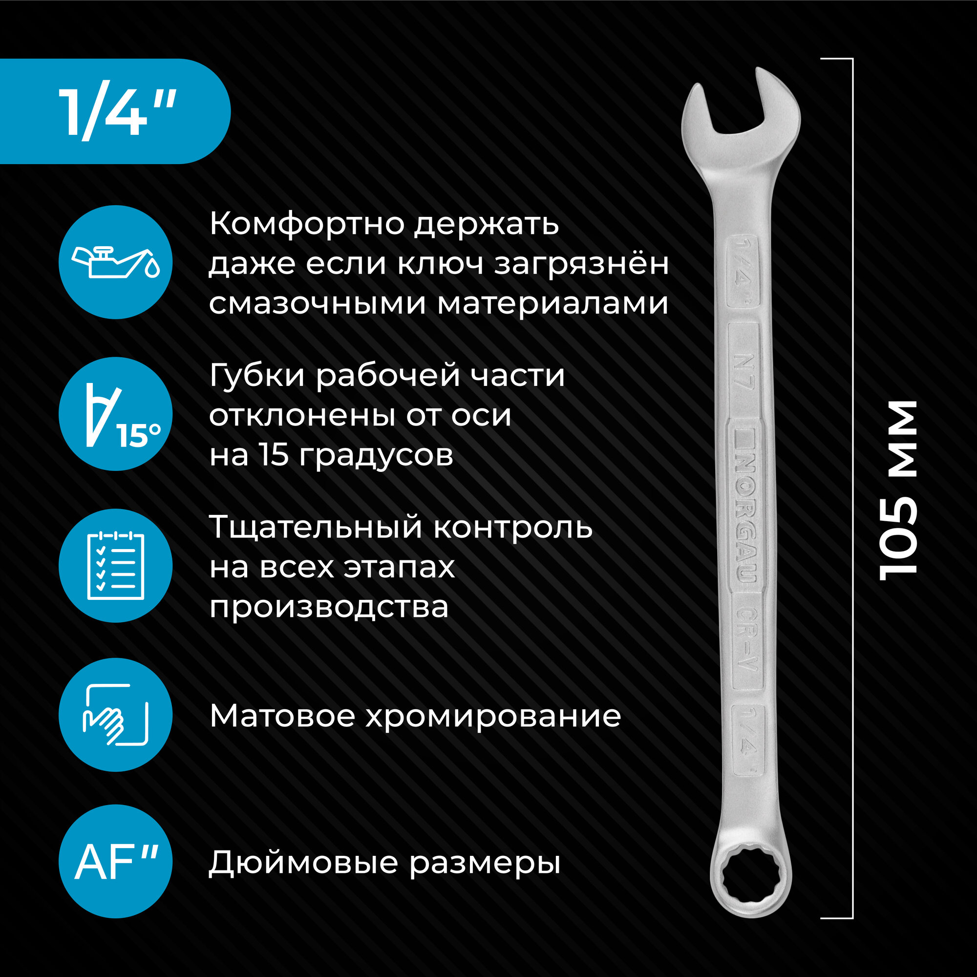 Гаечный ключ NORGAU Industrial дюймовый 1/4, комбинированный рожковый и накидной профиль, HРM High precision machining, 105 мм