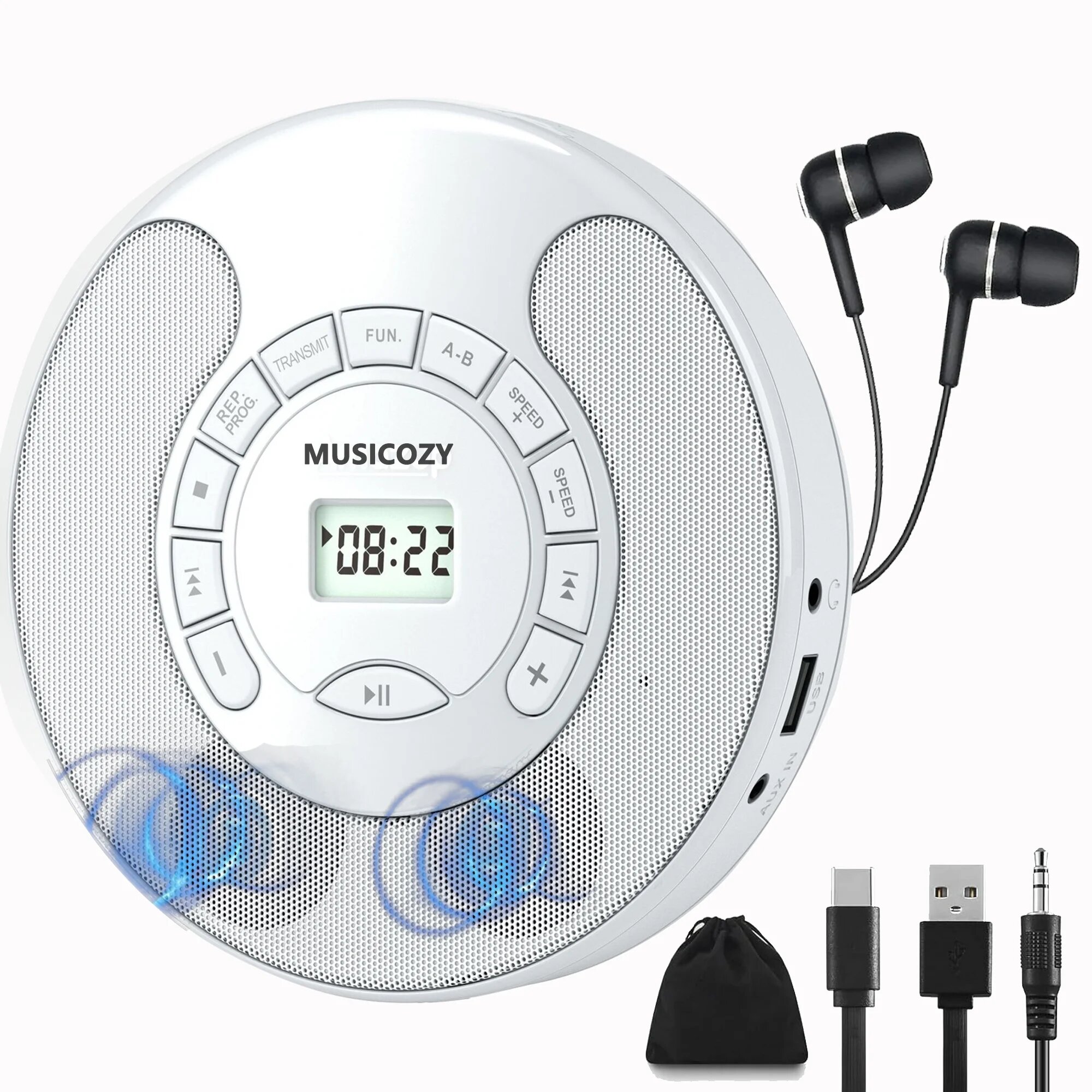 Портативный CD-плеер с Bluetooth, перезаряжаемый CD-плеер Walkman для автомобиля, встроенный динамик, Bluetooth-передатчик, повтор AB и скорость +/-, персональный CD-плеер с разъемом для наушников, кабель AUX, лучший подарок