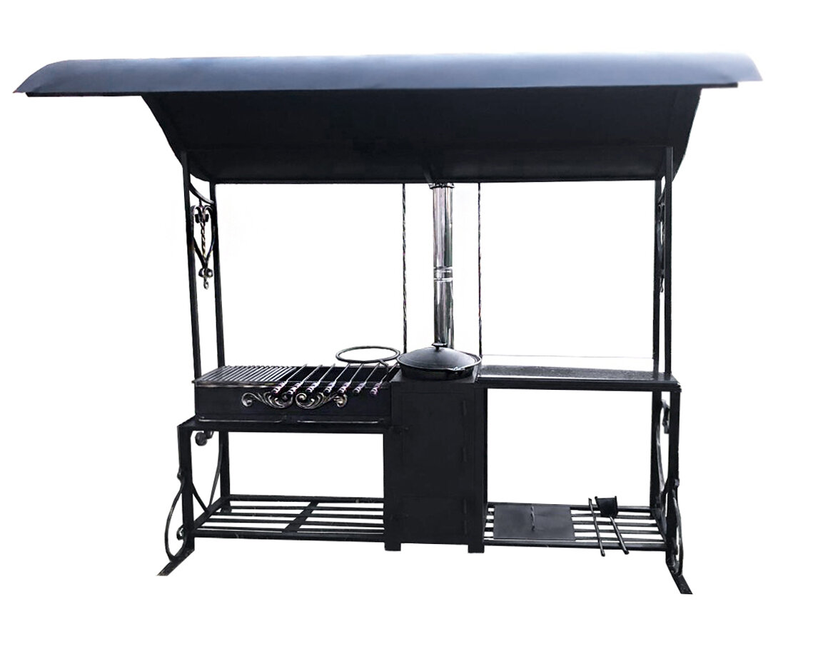 Мангал Mangal-market Шеф-повар, кованый, для дачи, с крышей, 12 пазов для шампуров, черный, 250х55х225 см