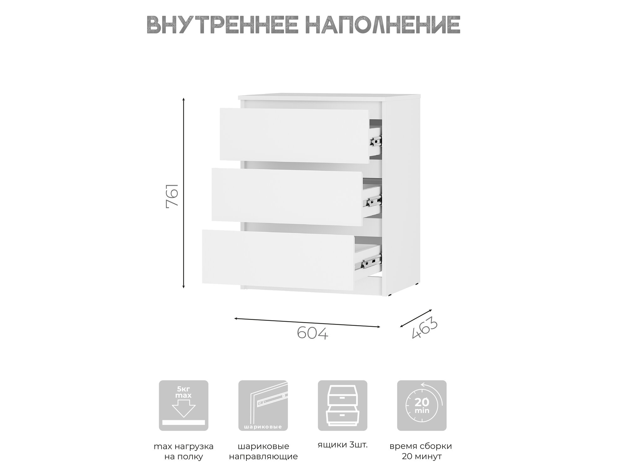 Комод Симпл 3 выдвижных ящика, 60,4x46,3x76,1 см ЛДСП цвет Белый БТС