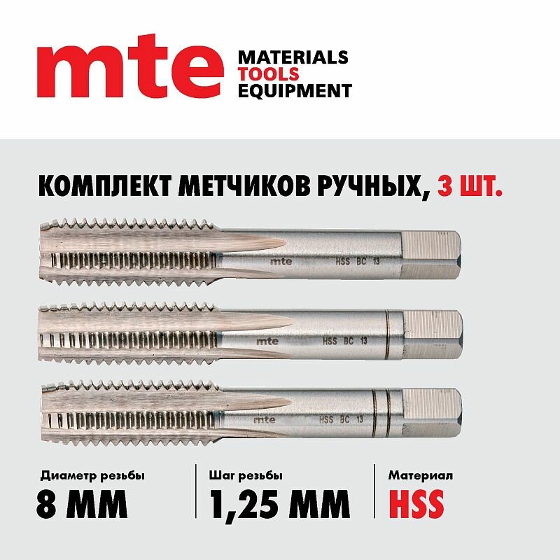 Метчики ручные HSS DIN 352, комплект 3 шт. M8X1,25, mte