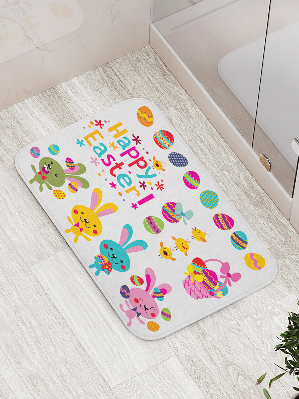 Коврик для ванной комнаты, туалета "Зайчики и пасхальные яйца" противоскользящий, 52х77 см, JoyArty