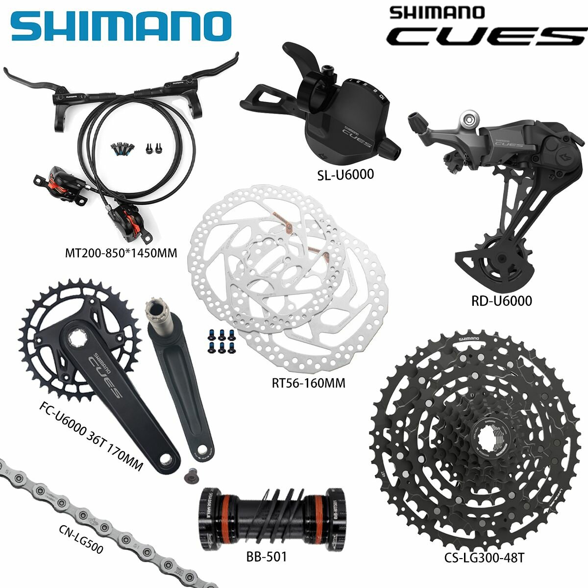 Передача Shimano CUES U6000 MTB скорость 1X10 SL+RD кассета цепь шатун (36/170) + каретка MT501, MT200 (850/1450) RT56 (два ротора 160 мм) (набор из 8 шт.)