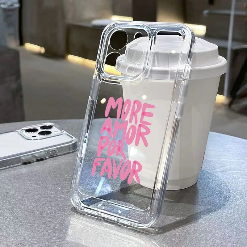Розовый чехол для iPhone 16 More Amor Por Favor, прозрачный