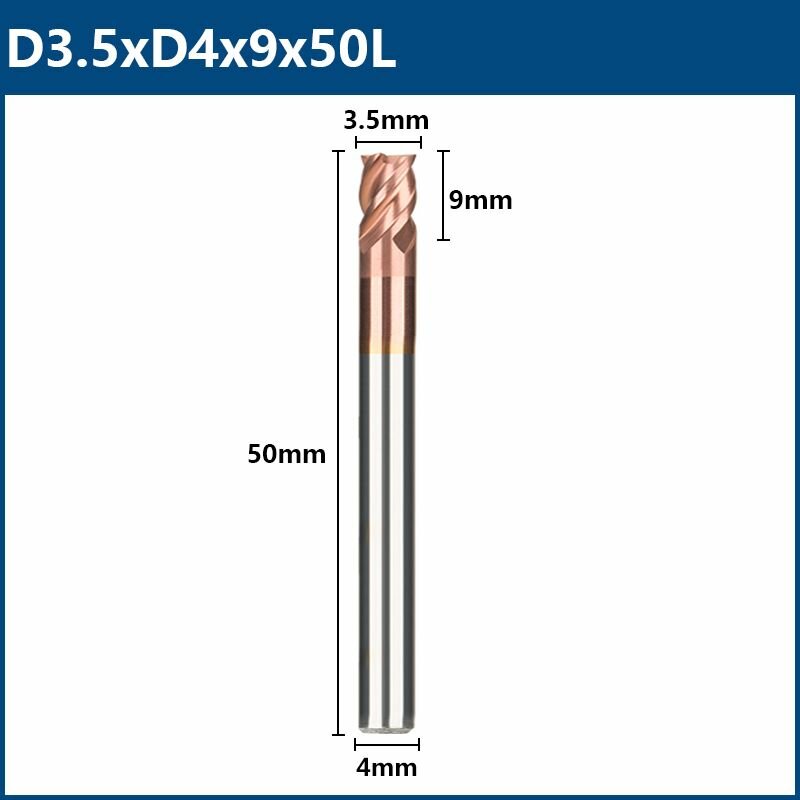 Фреза спиральная четырехзаходная XCAN HRC55 3.5x9x4Dx50мм, по металлу, покрытие TiCN