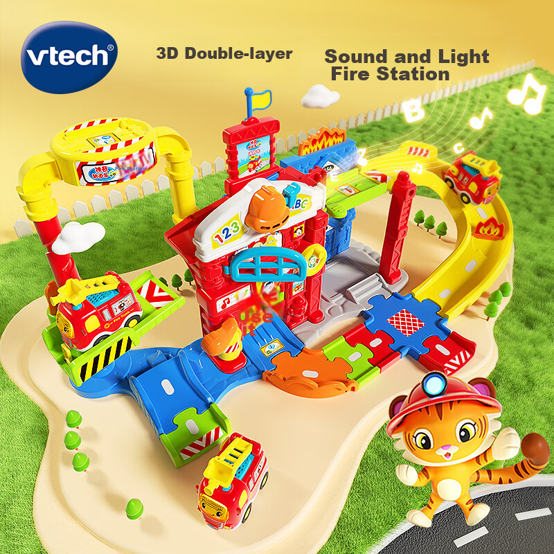 VTech Children's Toy Magical Track Car, Light And Sound Rescue Fire Station, Manual Fire Truck, Gift for Boys Aged 1-5