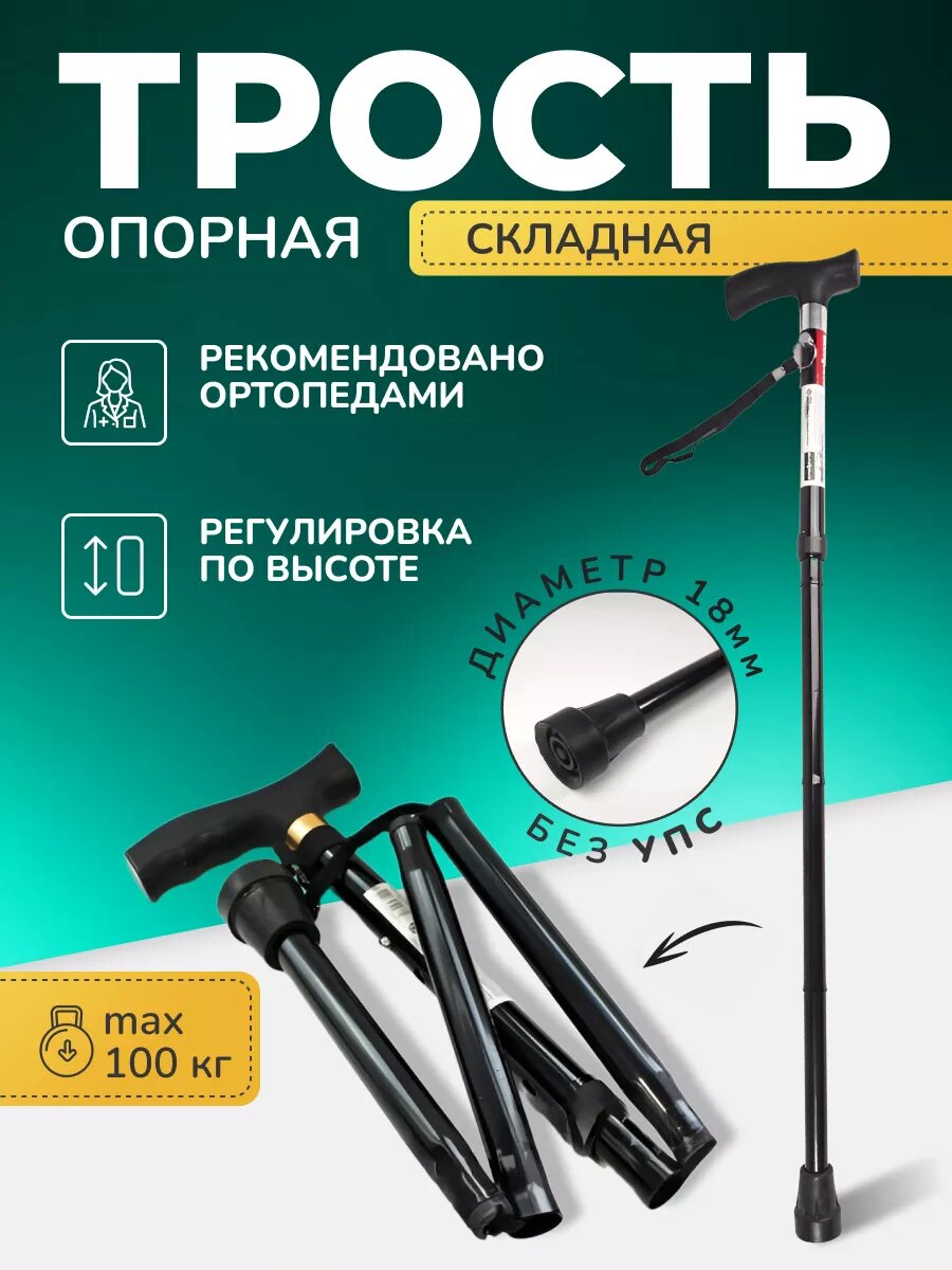 Трость опорная для ходьбы пожилых, складная без УПС Е 0601 черная