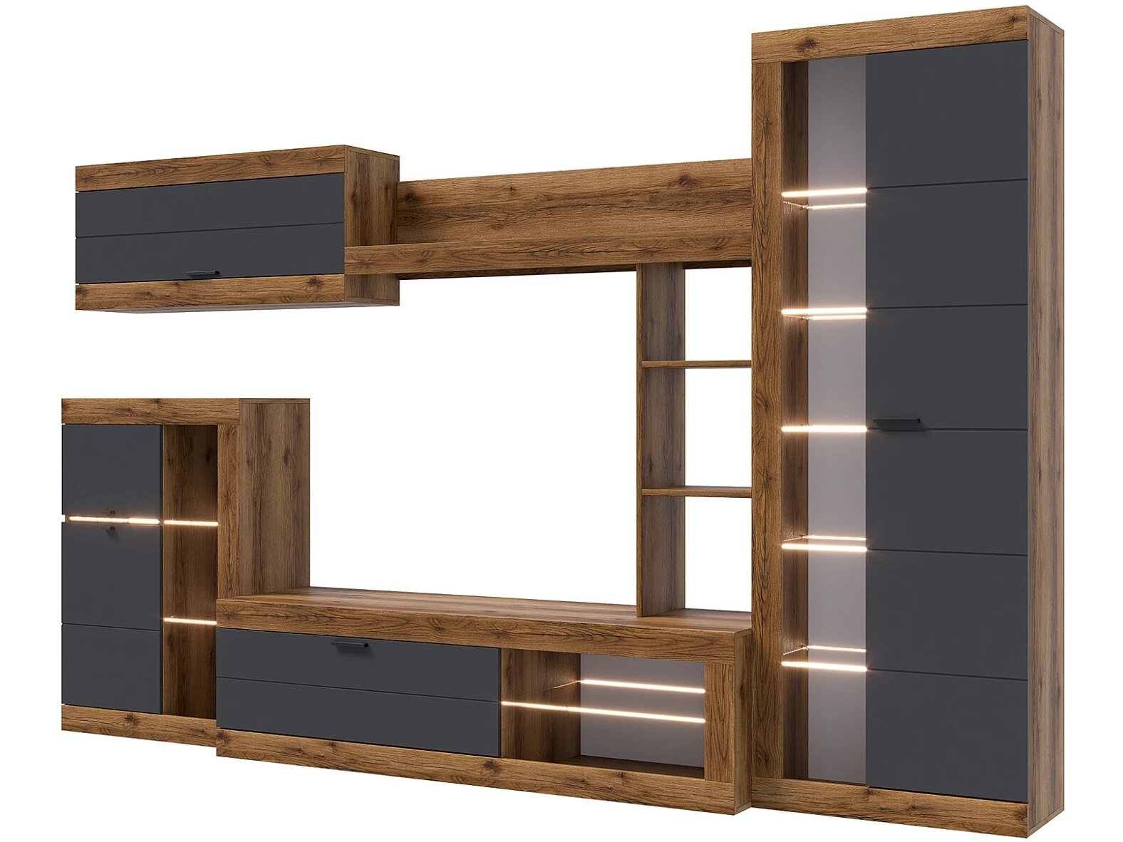 Модульная Гостиная, вариант №4, с подсветкой, Дуб Делано/Графит