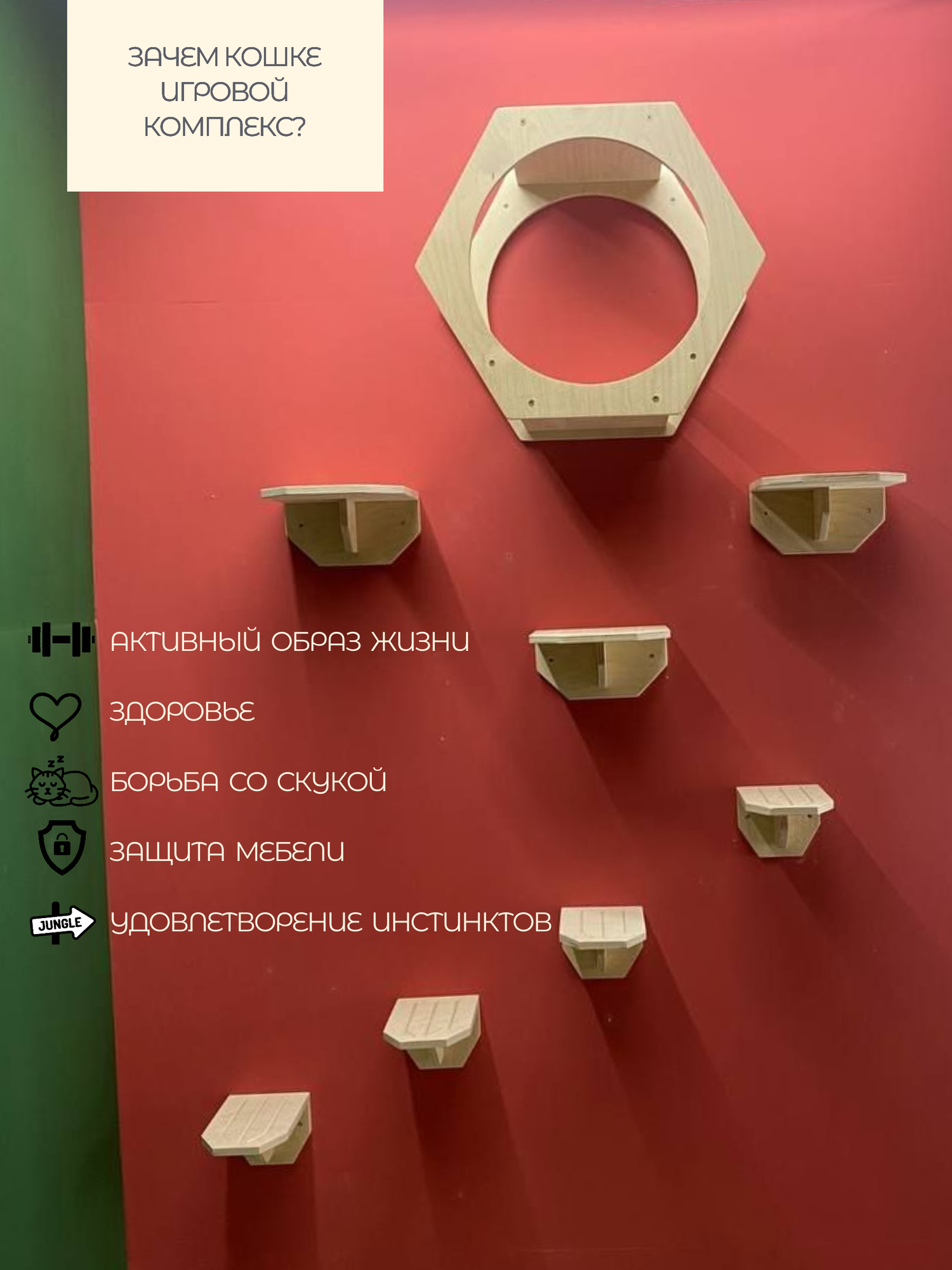 Игровой комплекс для кошки FluffyCity, настенный, домик, полки-лесенки 3 и 4 шт