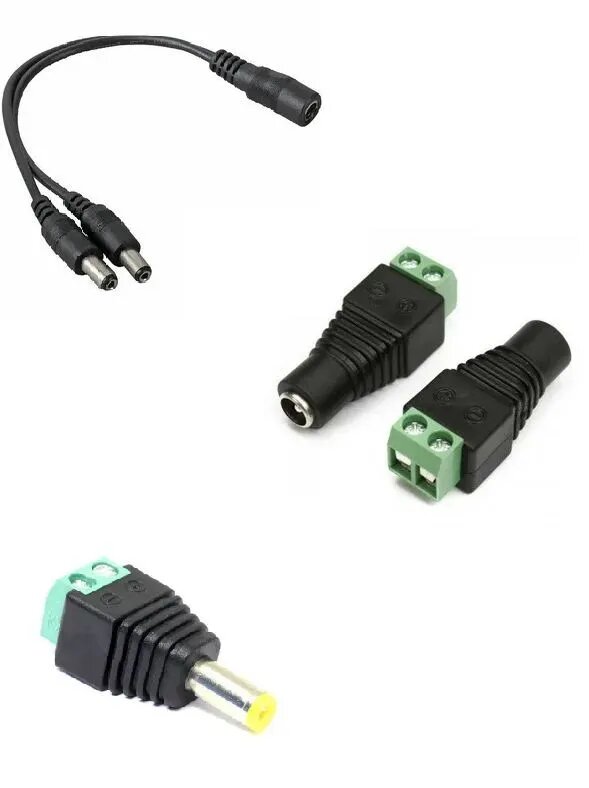 Комплект : разветвитель питания на 2 видеокамер 2.1 х 5,5мм + разъемы 2 шт (гнездо) / разъем 1шт (штекер)