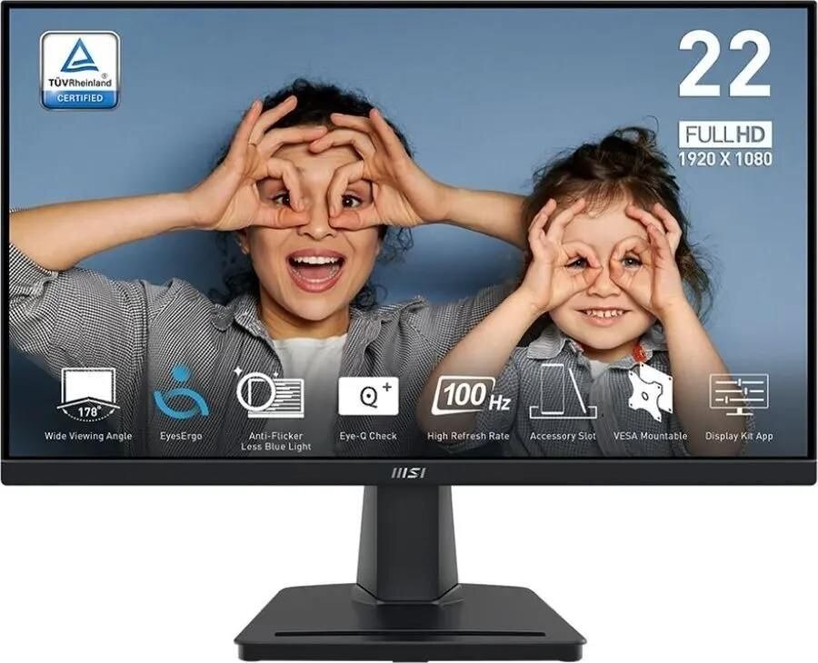Монитор 21.45" MSI Pro MP225V VA 1920x1080, 100 Гц, 1 мс, 16:9, 300 кд/м², HDMI 1.4, VGA, 3.5 Jack, Adaptive-Sync, черный
