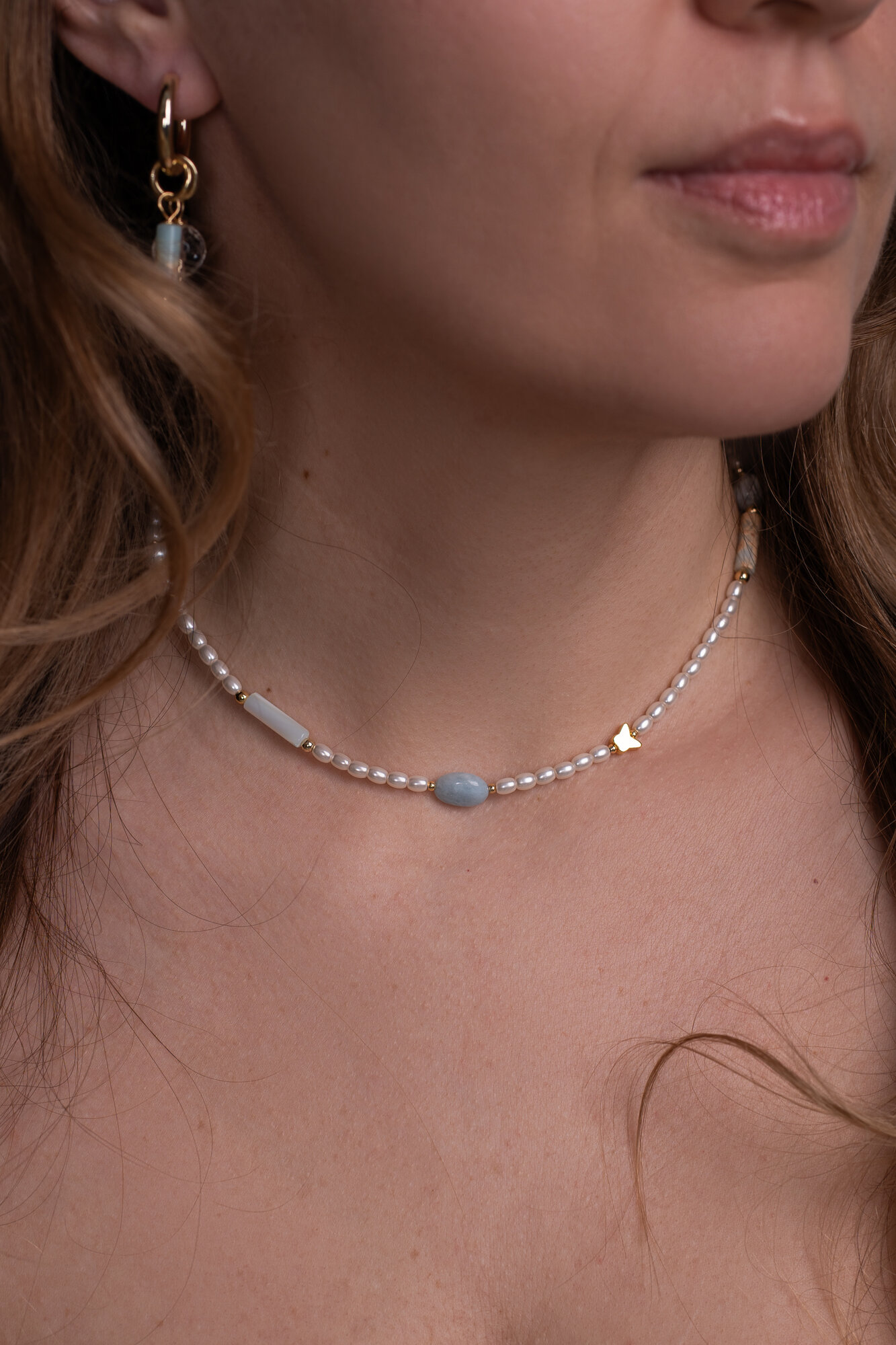 Чокер, аквамарин, перламутр, яшма, жемчуг барочный, жемчуг пресноводный