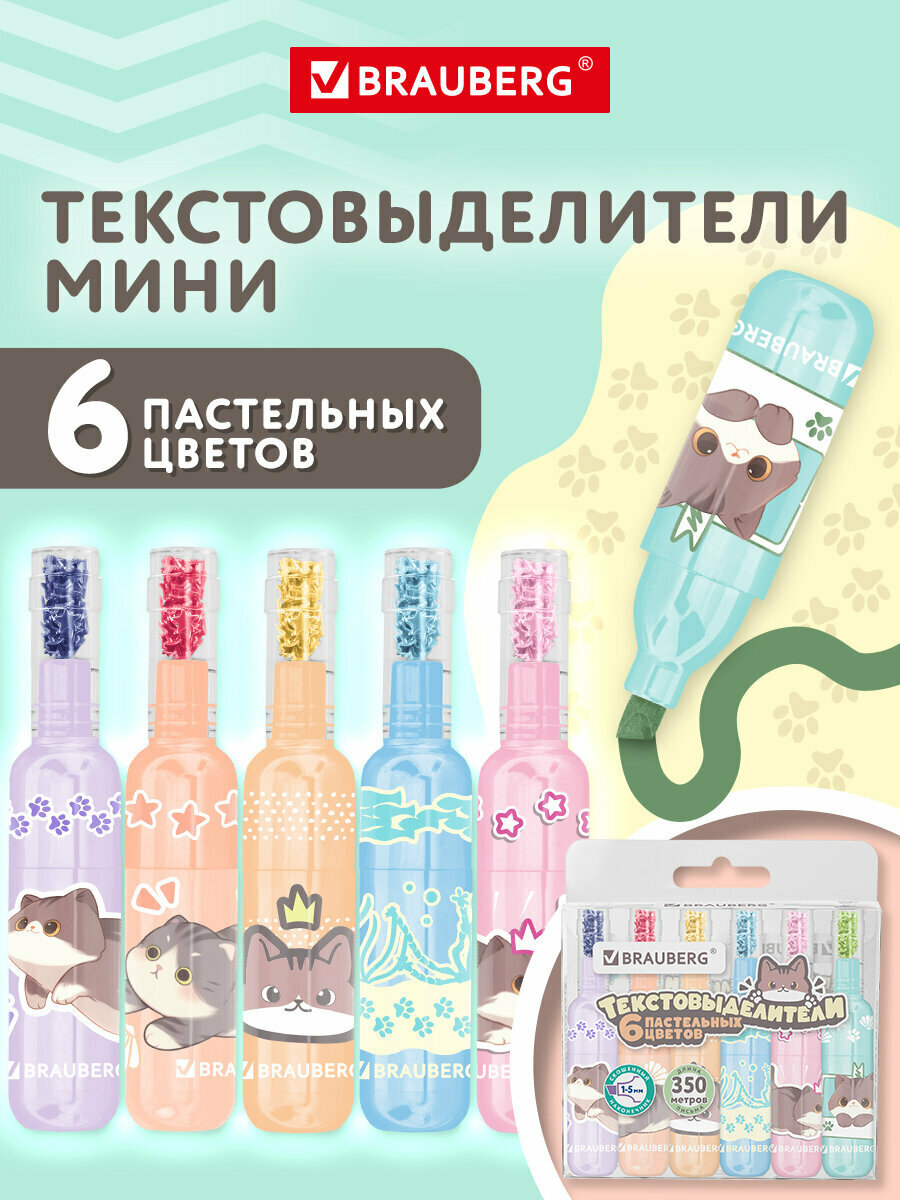 Текстовыделители пастельные набор 6 цветов, маркеры для рисования и выделения текста, линия 1-5 мм, Brauberg, 152619