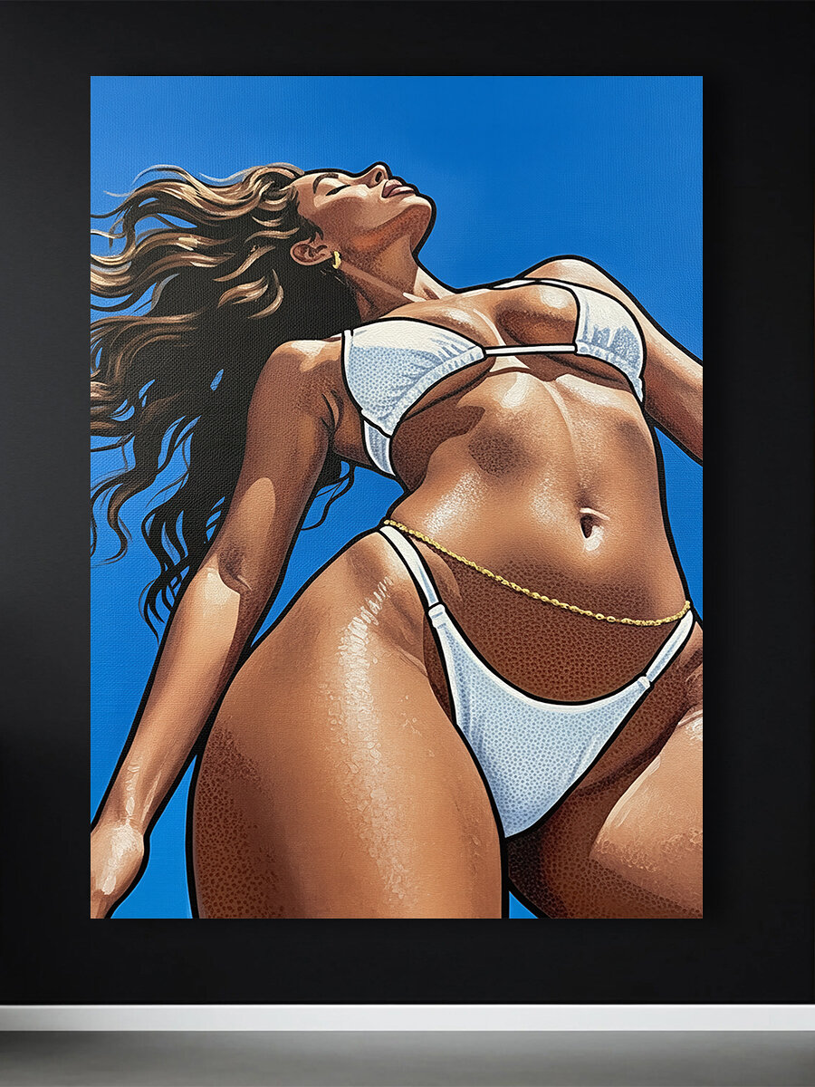 Картина интерьерная на стену - "Стильные девушки в купальниках, бикини, яркий дизайнерский арт на стену в спальню для мужчины" , 60х80 см.