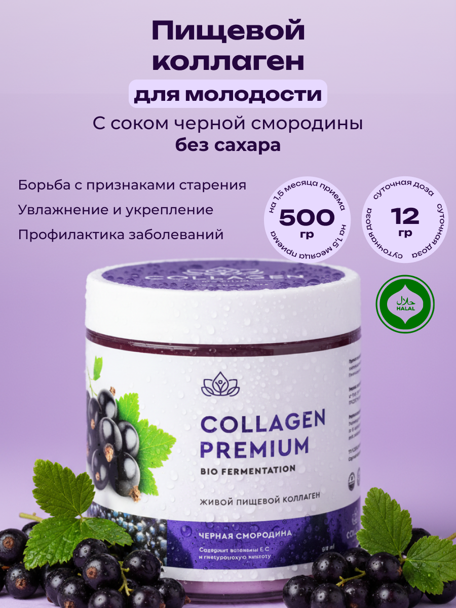 Натуральный пищевой коллаген в желе Collagen Premium со вкусом черной смородины для молодости кожи 500 гр