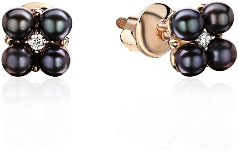 Серьги пусеты, красное золото, 585 проба, жемчуг, фианит