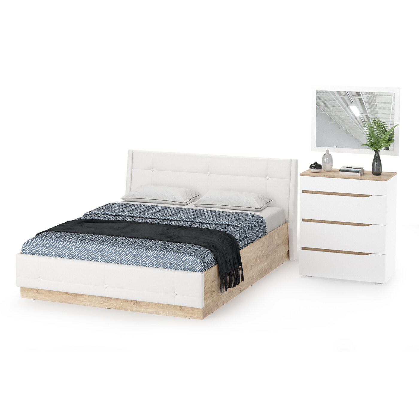 Кровать с подъёмным ортопедом 11600 и комод с зеркалом Муссон цвет белый/дуб эндгрейн элегантный/кожзам белый