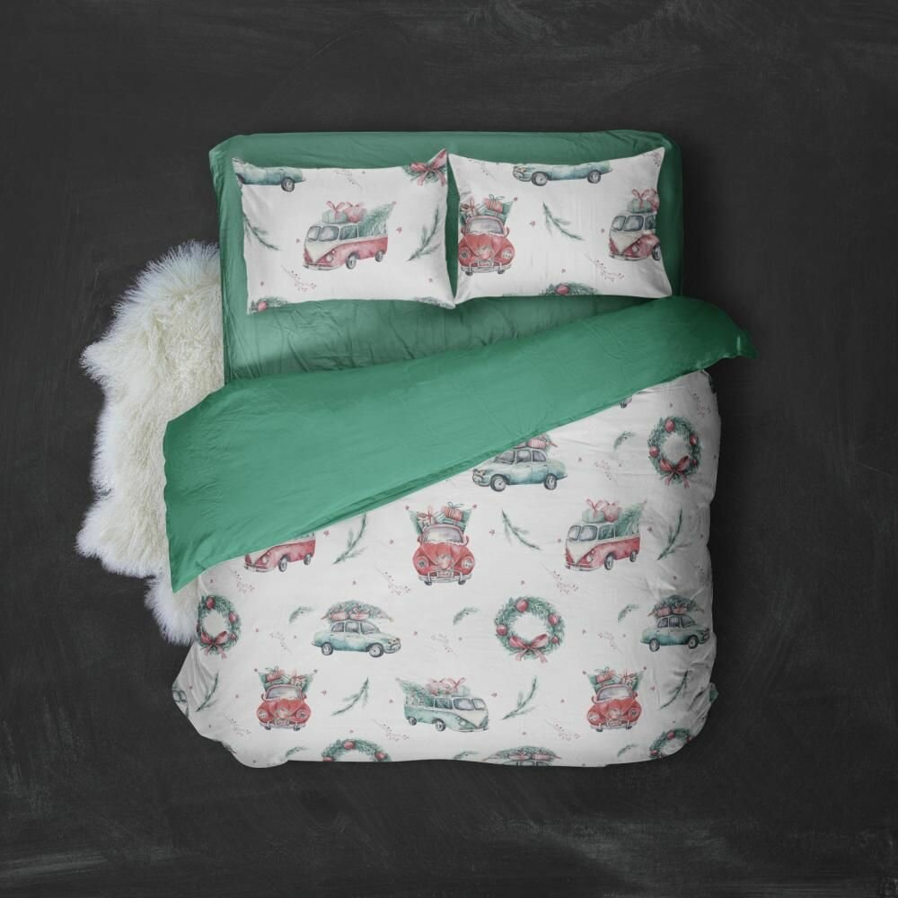 Арт комплект постельного белья Новогодние автобусы, 1.5 спальный, наволочки 50/70