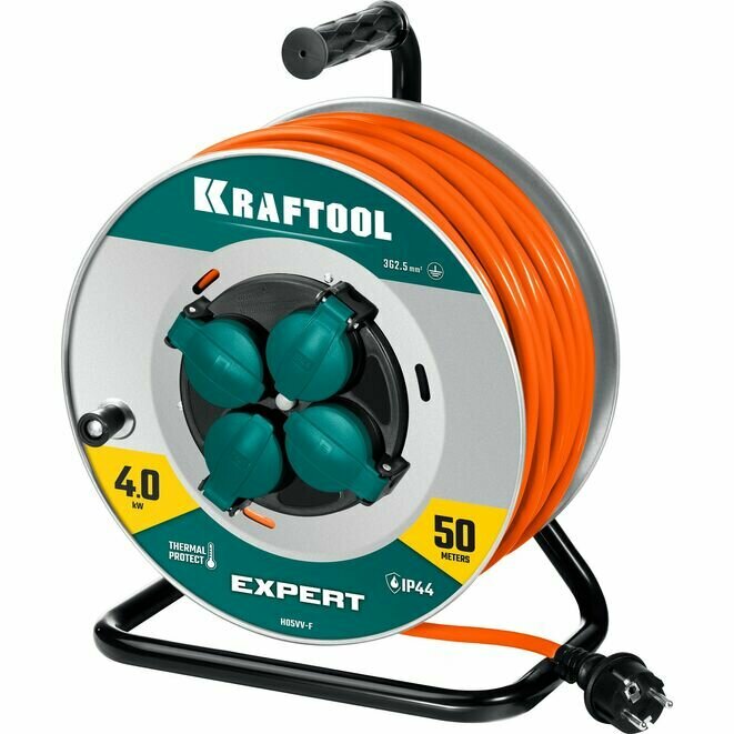 KRAFTOOL ПВС 3х2.5 50м 4000Вт IP44, Силовой удлинитель на стальной катушкеEXPERT (55089-50)