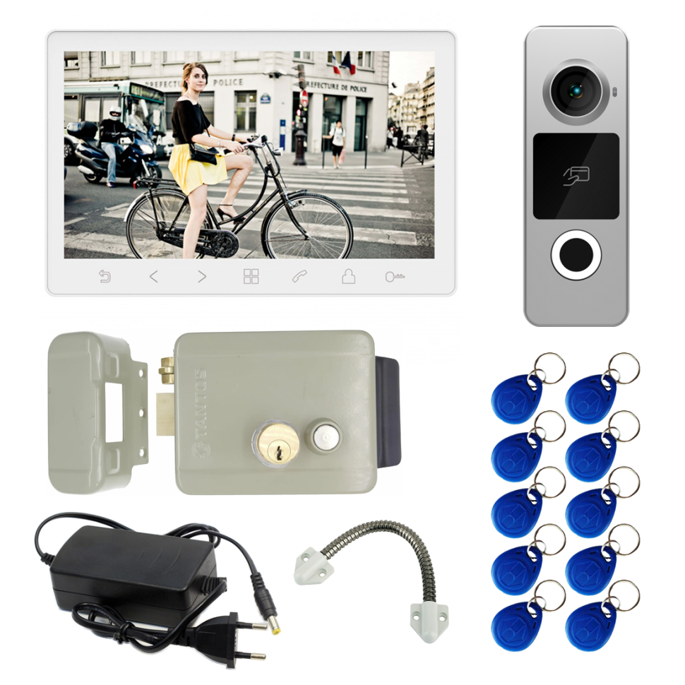 Видеодомофон Tantos Prime HD SE (белый) комплект с электромеханическим замком на калитку (панель никель)