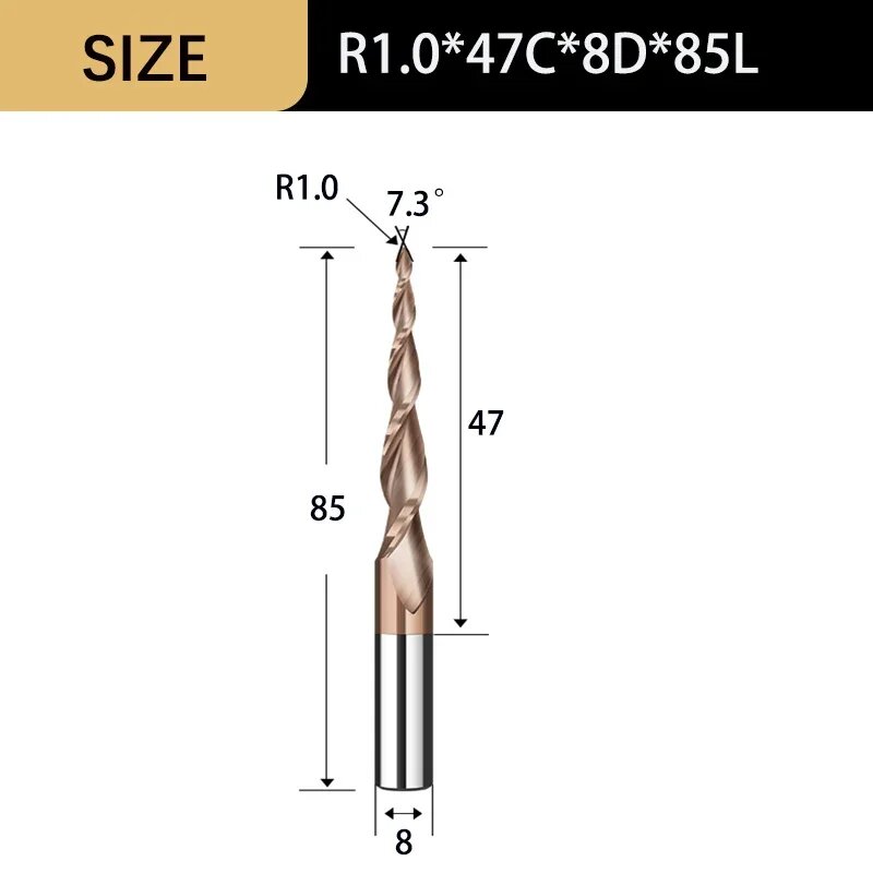 Vsharp Коническая сферическая фреза 6 мм 2-х канальная для 3D резки по дереву R1.0x47Cx8Dx85L