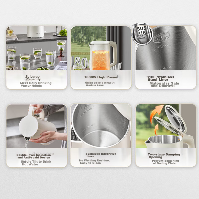 SUPOR Electric Kettle, 2L Large Capacity Household Water Boiler, 316L Stainless Steel Electric Kettle, 1800W Rapid Heating Water Boiler, SW-20J07A