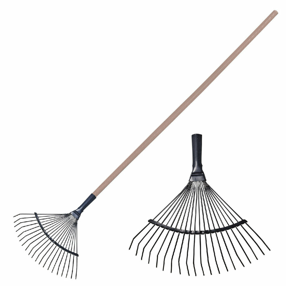 Грабли веерные проволочные, 20 зубьев, ширина 35 см, деревянный черенок 120 см, КМ000881, 600676