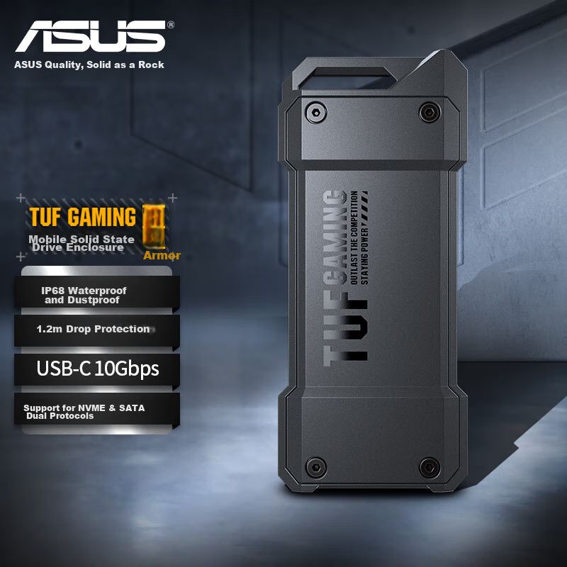 ASUS TUF GAMING Armor High-Speed M.2 External SSD Enclosure, NVME And SATA Dual Protocol, Triple Protection Certification, Type-C USB3.2, 10Gbps