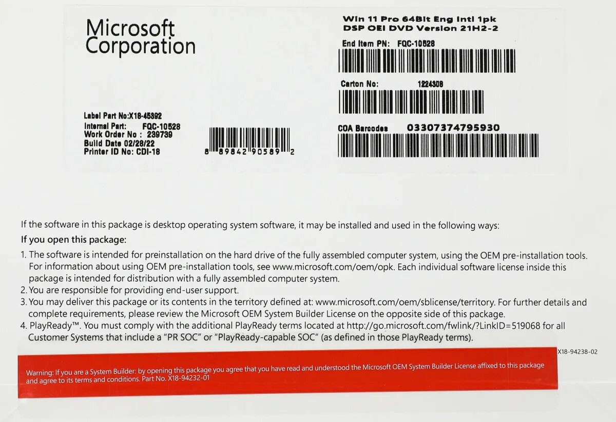 FQC-10528 / Операционная система Microsoft Windows 11 Pro, 64 bit, Eng, DVD, OEM [fqc-10528]