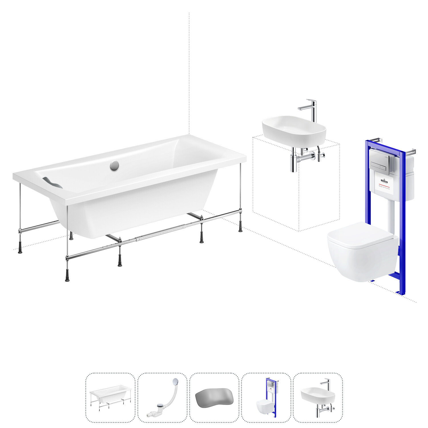 Акриловая ванна 180x80 с каркасом Lavinia Boho Evan 20221293R в наборе 6 в 1: ванна, ножки, слив-перелив, подголовник, унитаз в комплекте, раковина в комплекте
