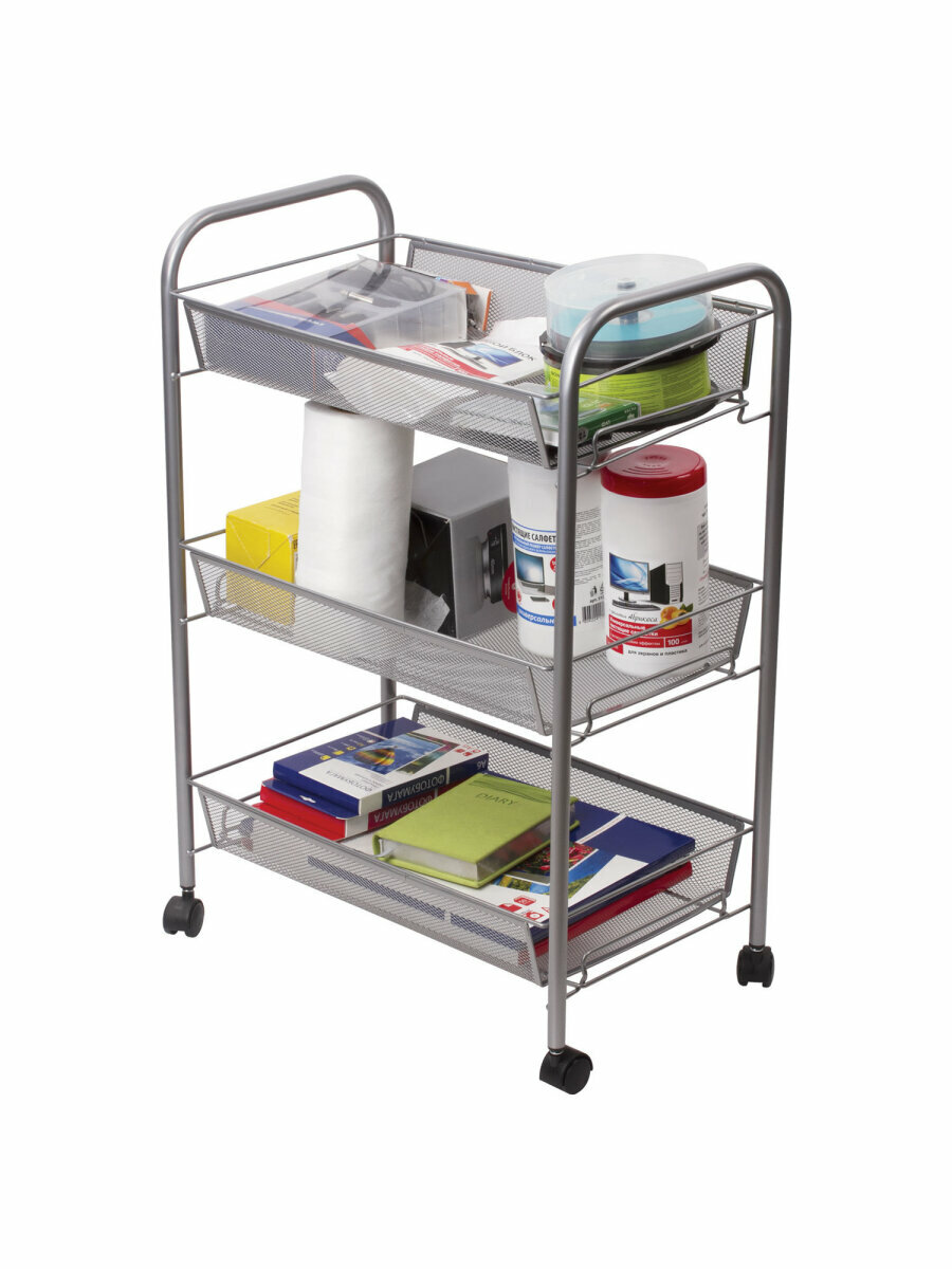 Этажерка (тележка) BRABIX офисно-бытовая 3 яруса, на колесах, металл, серебристая, 43,5*26*62,5 см, 603752
