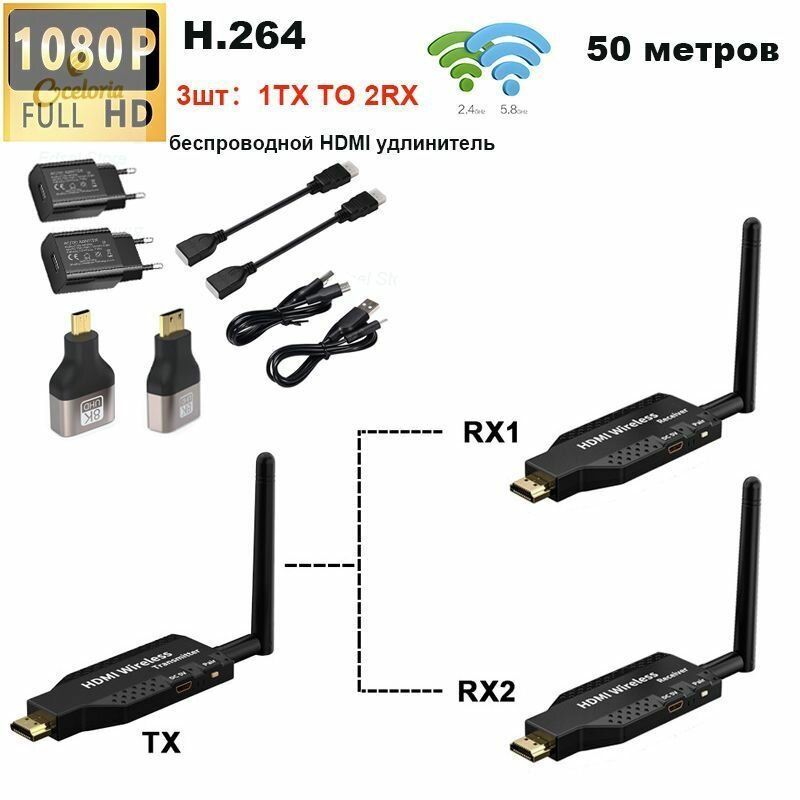 HDMI удлинитель беспроводной, беспроводной hdmi передатчик и приемник 2.4G/5.8G 1080P HD 50 метров.