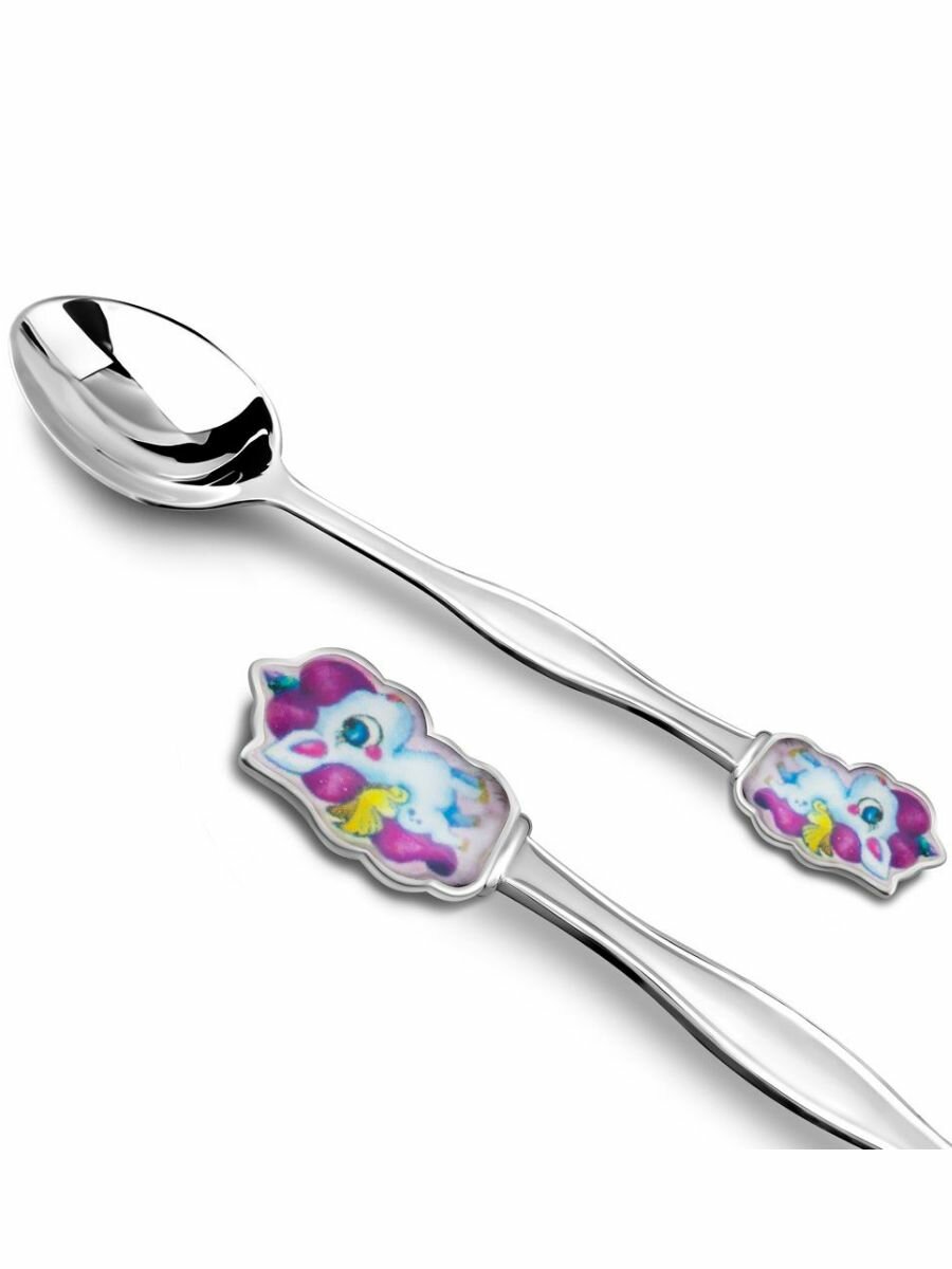 Ложка детская с единорогом из серебра 925 пробы с эмалью