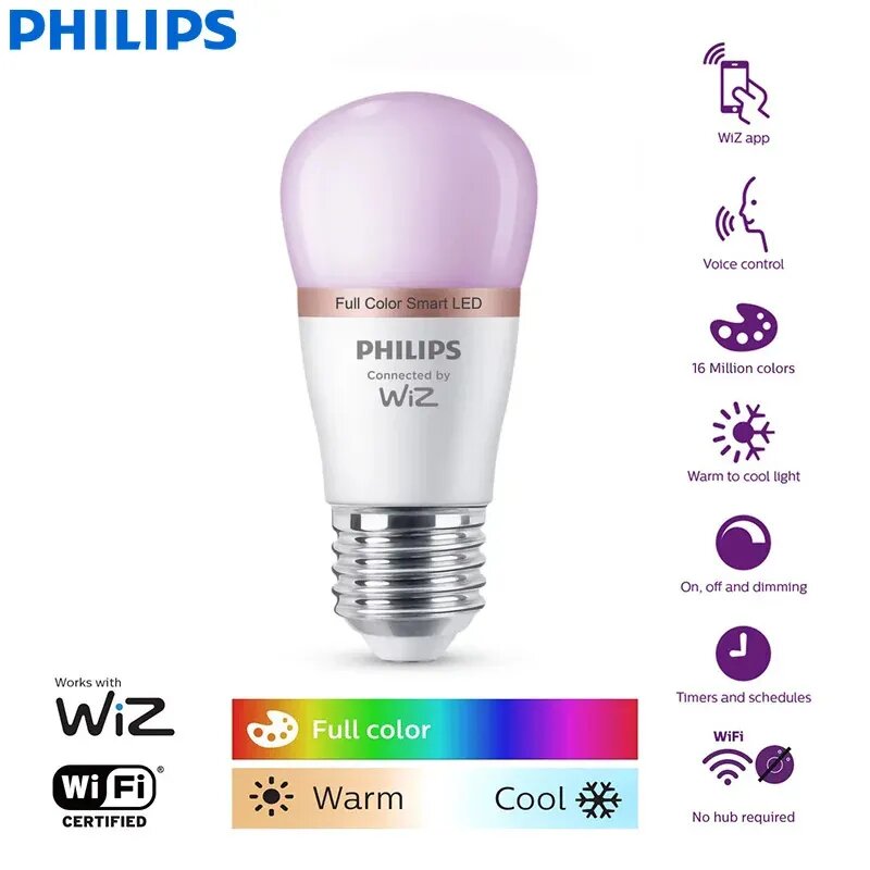 Philips WiZ 4.9W E27 P45 Wi - Fi и Bluetooth LED Умная мини - лампочка 220 - 240V, 16 миллионов полноцветных шлифовальных люминесцентных ламп.