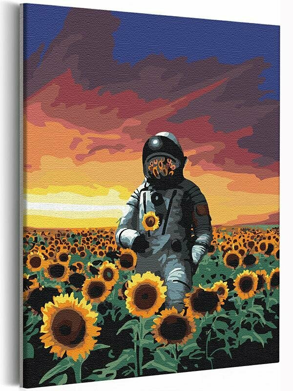 Космонавт и поле подсолнухов / Цветы Раскраска картина по номерам на холсте с неоновой краской 40х50