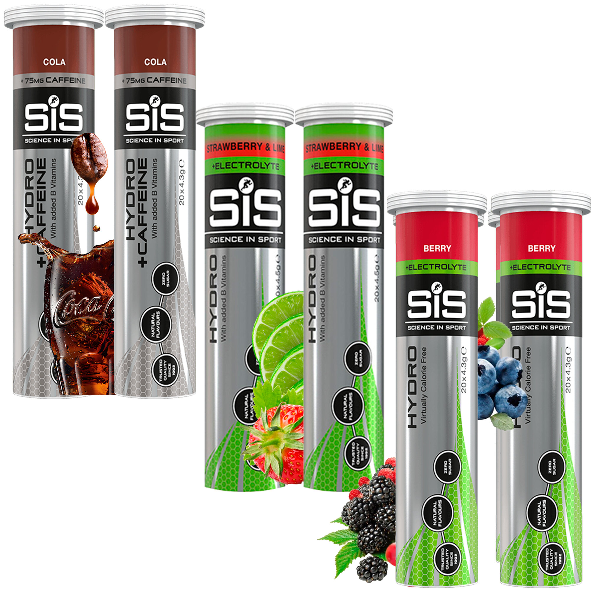 Изотоник SCIENCE IN SPORT (SiS) GO Hydro Tablet 20s 6 x 20 таблеток, Кола, Клубника - Лайм, Ягоды