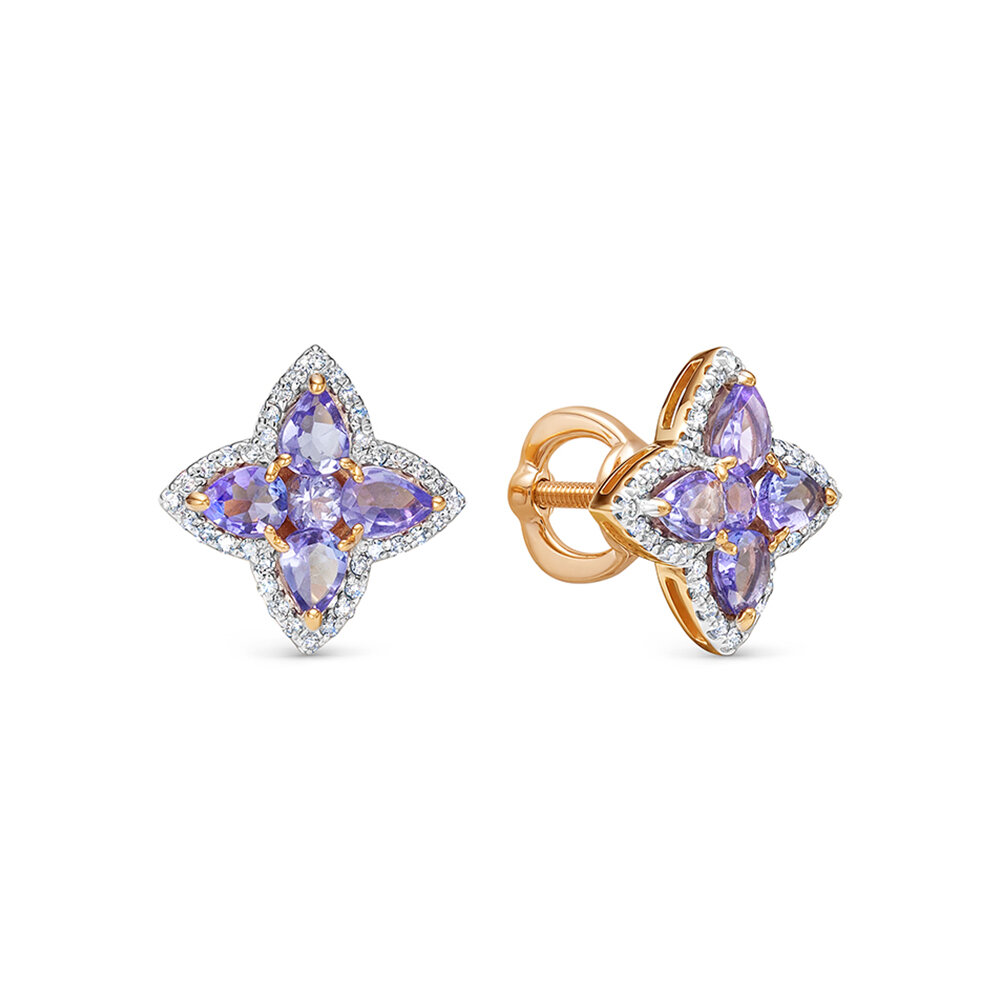 Серьги пусеты, красное золото, 585 проба, родирование, танзанит