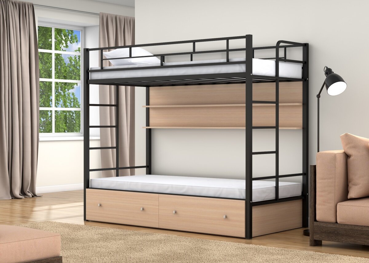 Двухъярусная кровать Валенсия Твист Черный ящики полка дуб молочный
