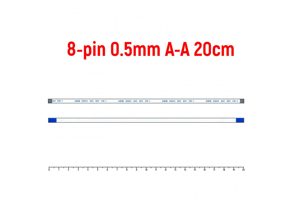 Шлейф FFC 8-pin Шаг 0.5mm Длина 20cm Прямой A-A AWM 20624 80C 60V VW-1