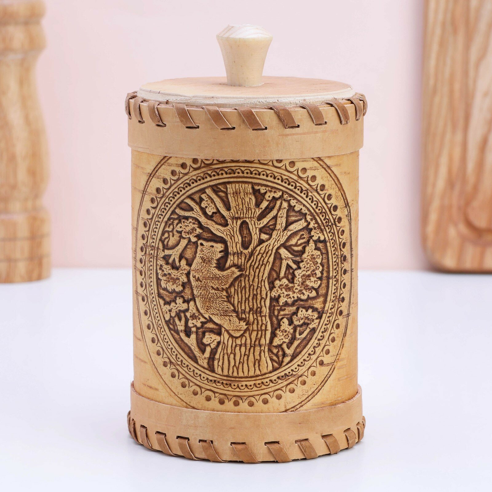 Туес «Медведь», банка для хранения, 8×8×12, береста