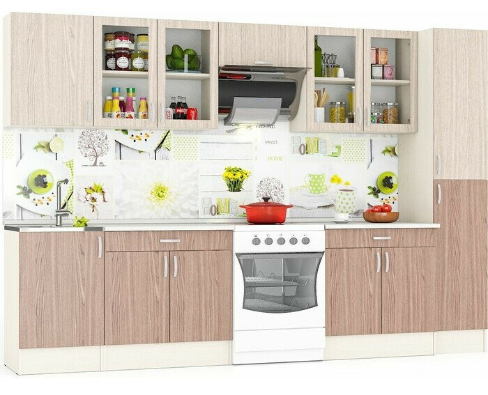 Кухня Мери 10 цвет ясень шимо светлый/ ясень шимо темный, столешница сахара белая , ШхГхВ 310х60х212 см.