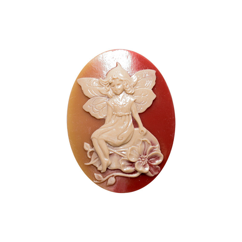 Камея акриловая, 40х30мм, феечка на листике, перламутр на сердолике, 1 шт.