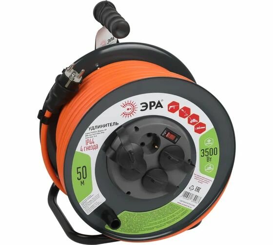 Силовой удлинитель ЭРА RMx-4es-3x2.5-50m-IP44 на металлической катушке, с заземлением, 4 розетки, 50м, Б0052922