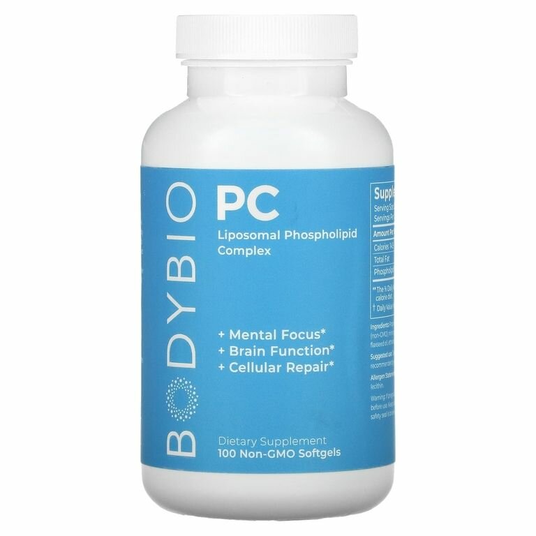 BodyBio, фосфатидилхолин, липосомальный фосфолипидный комплекс, Liposomal Phospholipid Complex, 100 капсул